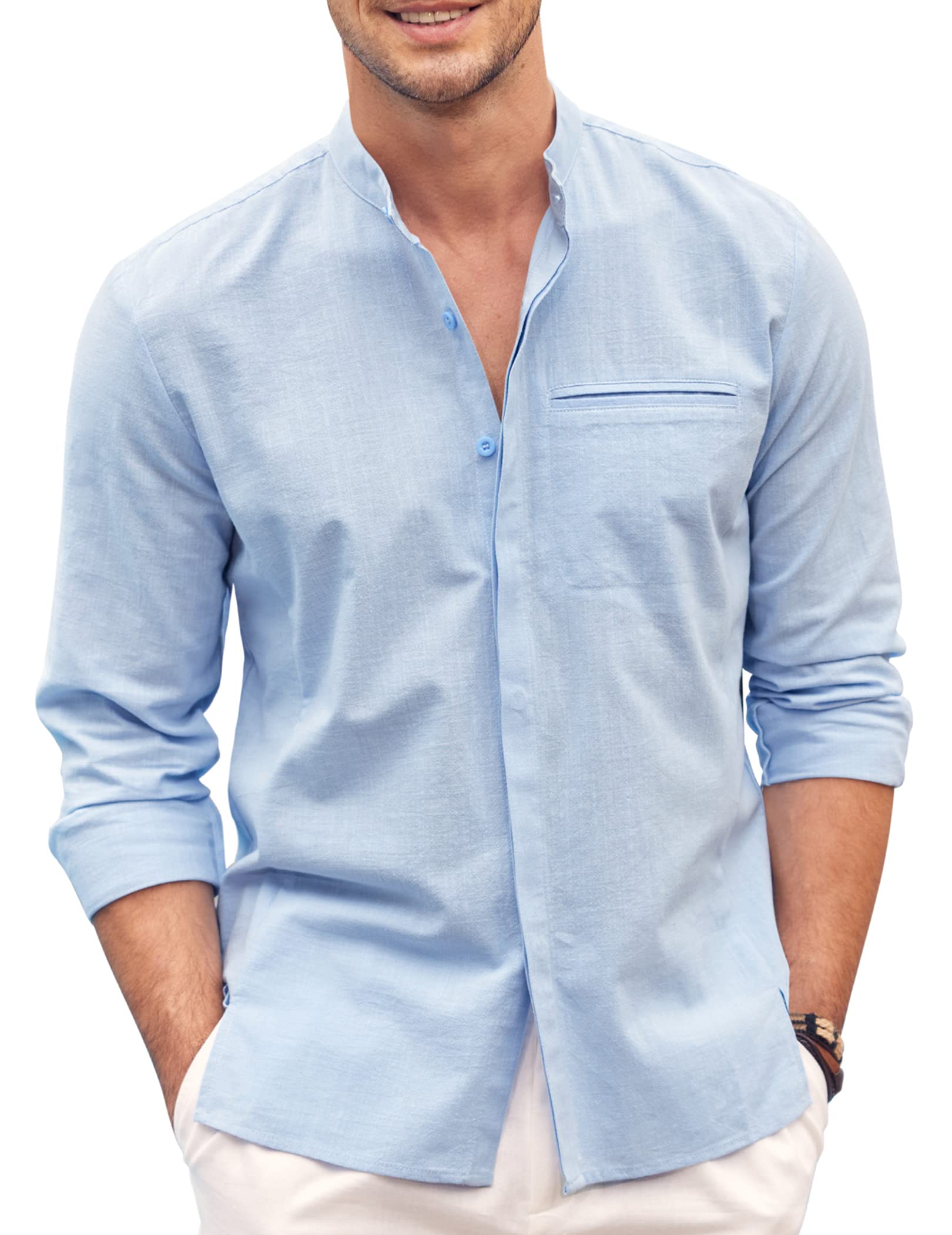 COOFANDY Men's Cotton Linen Shirt Long Sleeve Button Down Shirts Band Collar Beach Yoga Shirts Sky Blue