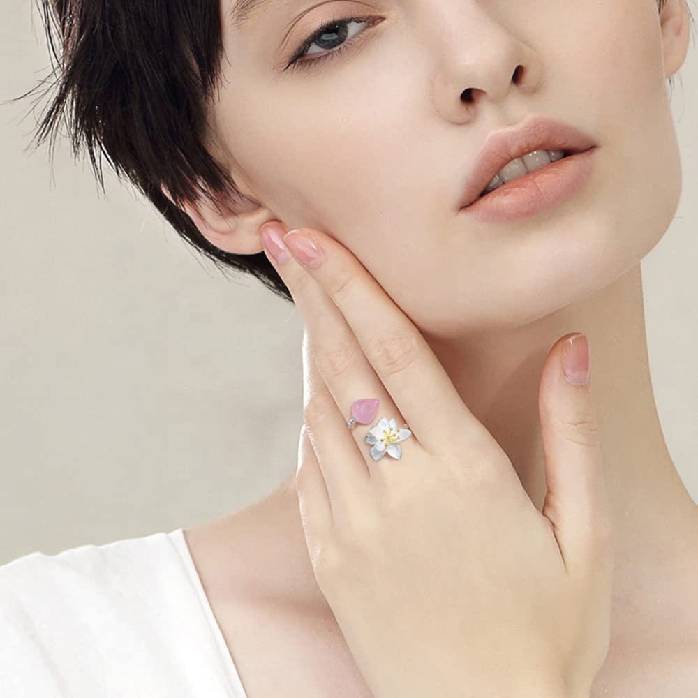 Designer Handmade Gemstone Ring Natural Aventurine Stone with Flower in 925 Sterling Silver Adjustable Ring Size Women Fine Jewelry - PremiumPearl