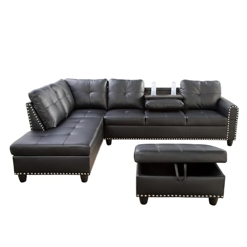 GlasFlength L Shaped Sectional Couches, Convertible Lounge Leather Couch with Reversible Cup Holder, Nail-Head Design Modern Modular Sectional Sofa for Living Room Furniture Sets, Black A