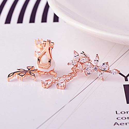 Clip on Earrings non Pierced Fringe Dangle Tassel Drop Cubic Zirconia Flower Women Rose Gold
