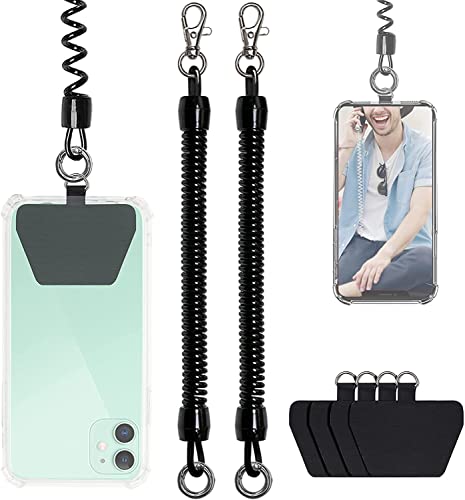 takyu Cell Phone Lanyard Tether with Patch, Universal Smartphone Wrist Strap, Including 2 Black Phone Chain Cords and 4 Transparent Phone Tether Tabs