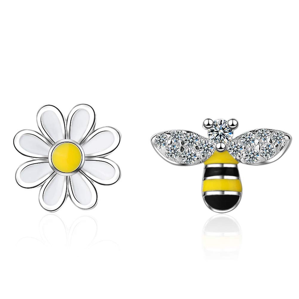CZ Bee Daisy Flower Asymmetric Sterling Silver Tiny Small Stud Earrings for Women Cartilage Tragus Sensitive Ear Fashion Animal Cute Mini Piercing Post Hypoallergenic Gifts Daughter