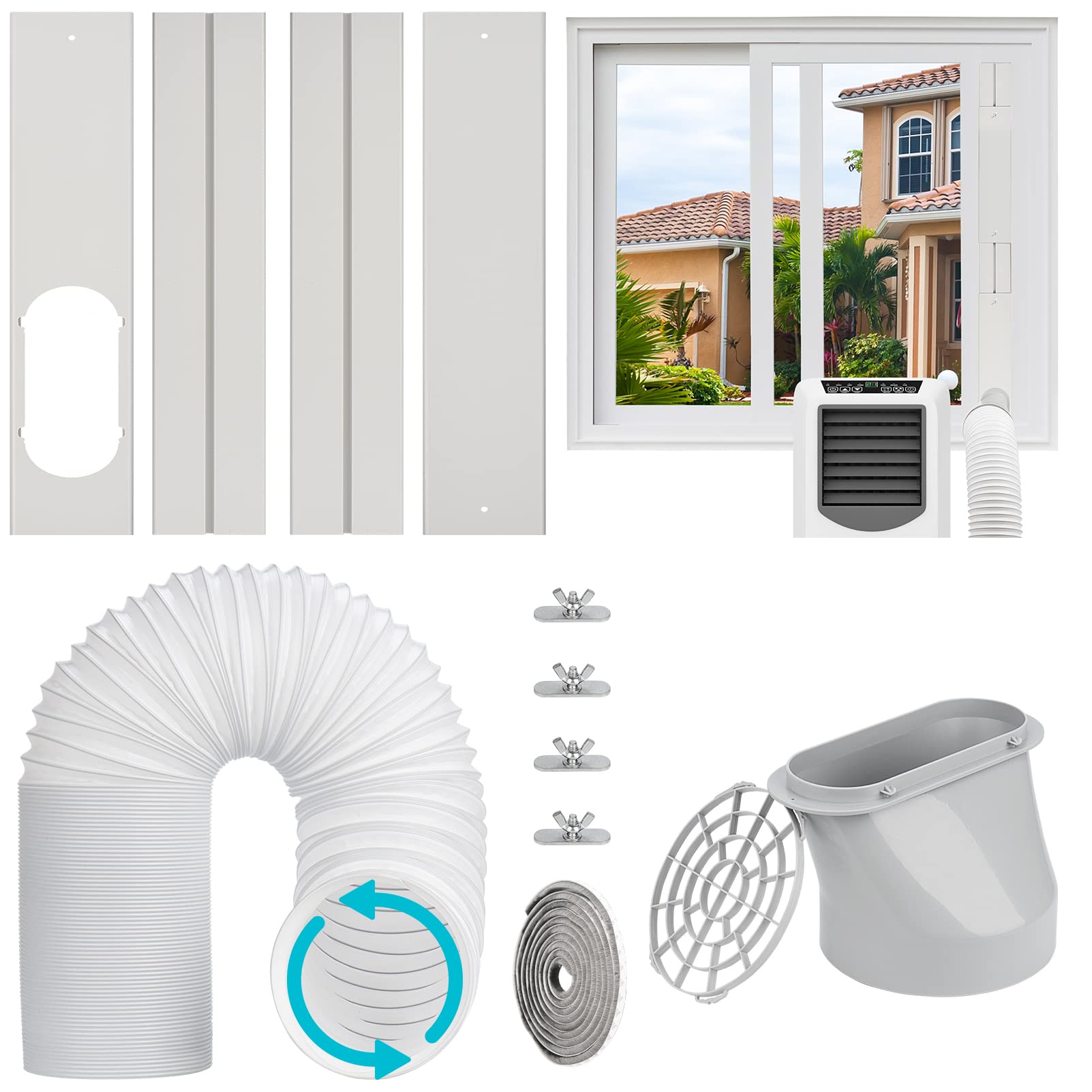 Foancie Portable AC Window Vent Kit with 5.9” Exhaust Hose & Coulper, Universal Window Seal for Portable Air Conditioner, Adjustable AC Duct Kit for Sliding Horizontal & Vertical Windows