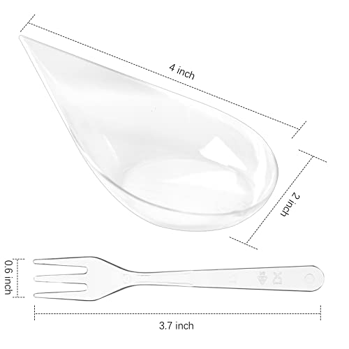 TOFLEN 100ct 4 Inch Mini Appetizer Plates with Tasting Forks - Reusable Clear Plastic Party Serving Trays Mini Plates for Appetizers and Desserts - Tear Drop Tasting Spoon Mini Dish Bowls