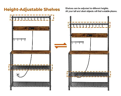 SUPERJARE Bakers Rack with Power Outlets - Height Adjustable Microwave Stand, 4-tier Kitchen Storage Rack with 10 S-shaped Hooks, 360° Hanging Strip, Coffee Bar Station - Rustic Brown