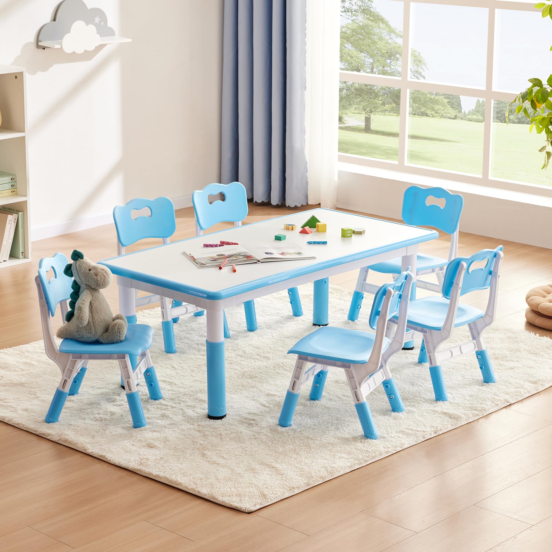 DOREROOM Kids Table and 6 Chairs Set, Height-Adjustable Toddler Table and Chair Set with Graffiti Desktop, 47.2''L x 23.6''W Children Activity Table for Daycare, Classroom, Home