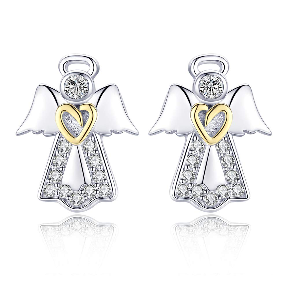 CZ Angel Stud Earrings for Women 925 Sterling Silver Cubic Zirconia Small Cute Crystal Gold Heart Studs Tragus Post Hypoallergenic Lovely Jewelry Gift for Daughter Niece