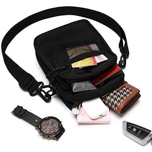 Lohol Small Messenger Bag for Men Women, Water Resistant Adjustable Multi-pocket Purse for Travel Sports (Black)
