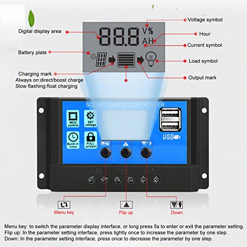 DOACT Solar Panel Charge Controller, 12V 24V Automatic Identification Overload Protection LCD Display Solar Charge Controller for Phone (30A 12V/24V)