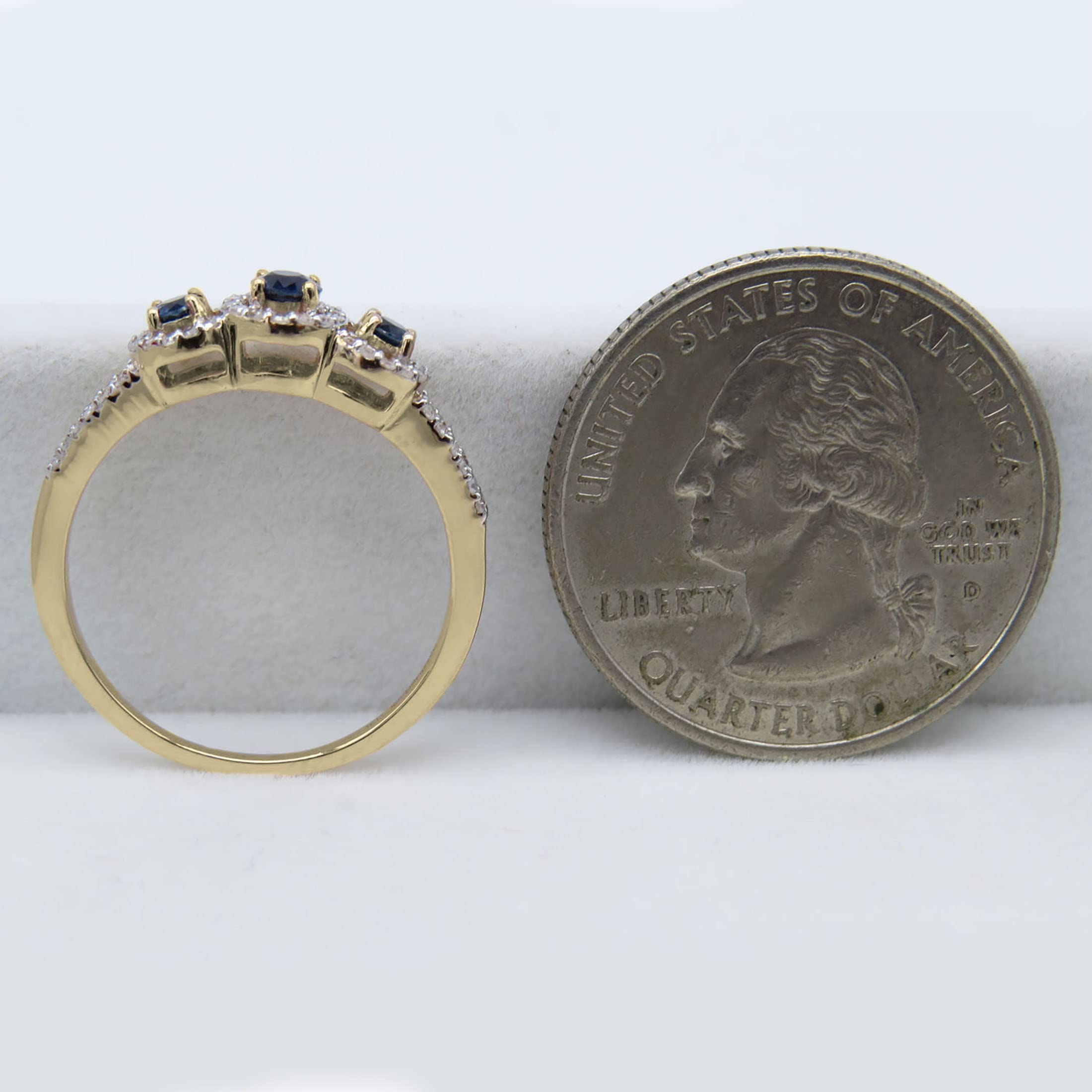 Dazzlingrock Collection Round Blue Sapphire & White Diamond 3 Stone Halo Engagement Ring for Women in 10K Yellow Gold, Size 10