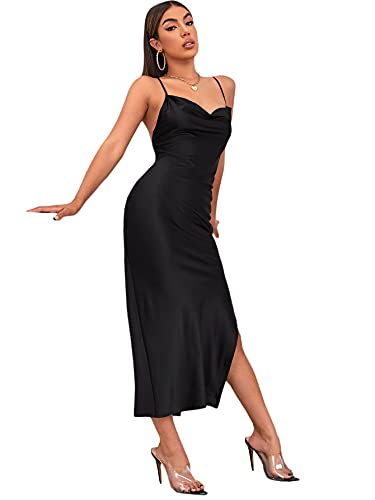 SheIn Women's Sleeveless Criss Cross Backless Side Split Strappy Party Maxi Dress Black Small