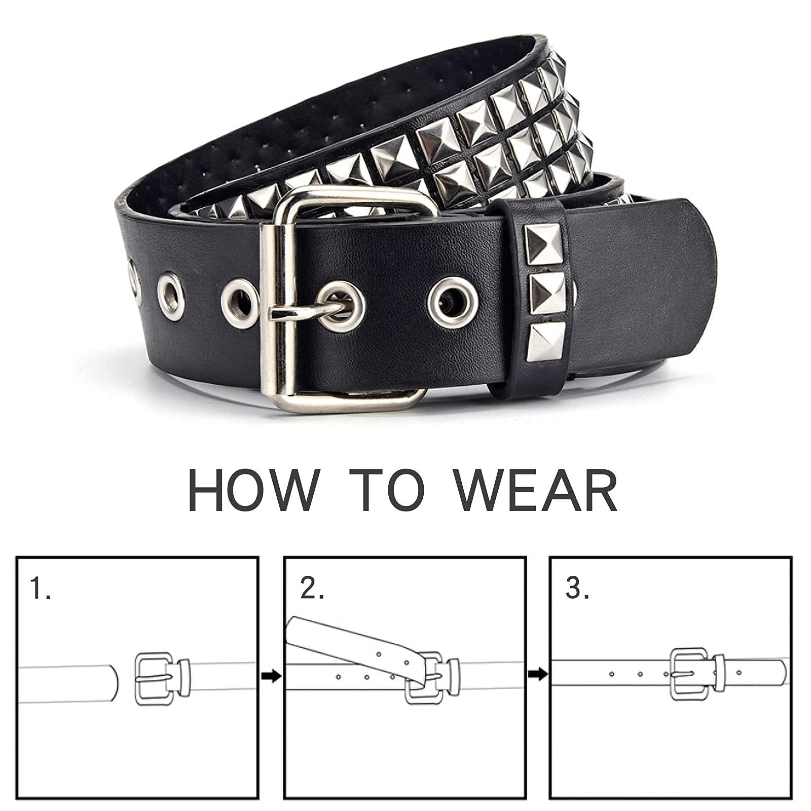 FOCAST Black Studded Belt Punk Rock Rivet Belt Grommet Threads Belt with Bright Metal Pyramid for Women Men (Black, Fit Pant (Black, Fit Pant 27-32 inch)