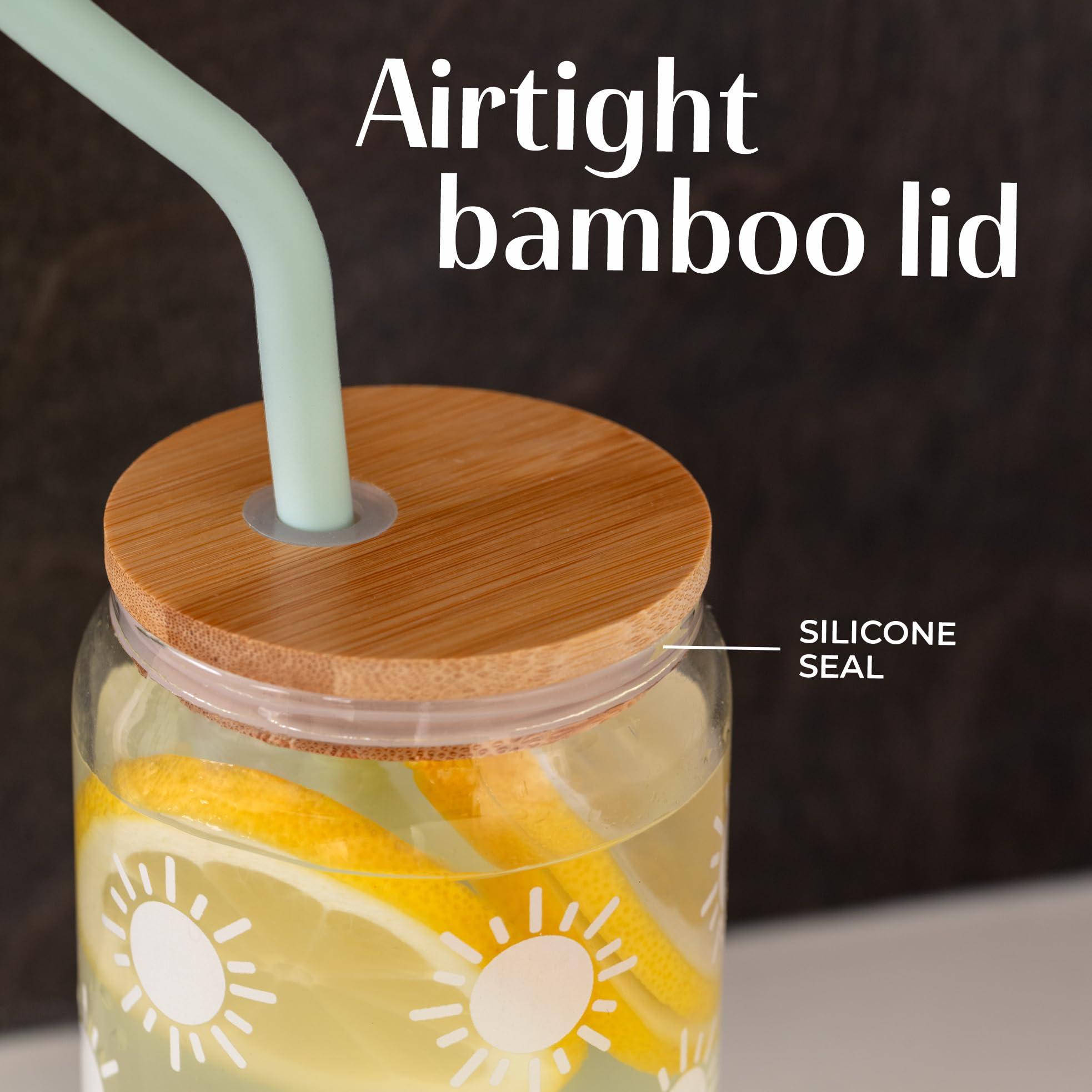 Drinking Glasses with Bamboo Lids - 16oz Glass Cups with Airtight Lid and Wide Silicone Straws - Set of Four - Can Shape Glassware with Fun Designs
