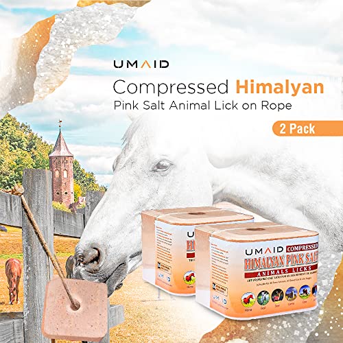 UMAID Compressed Pink Himalayan Salt Lick, [2 Pack] – 5.5 Lb. 100% Natural Himalayan Salt Block with Hanging Rope Helps Replace Lost Electrolytes for Deer, Horse, Cow, Goat, Pigs, Wild Animals & Pets