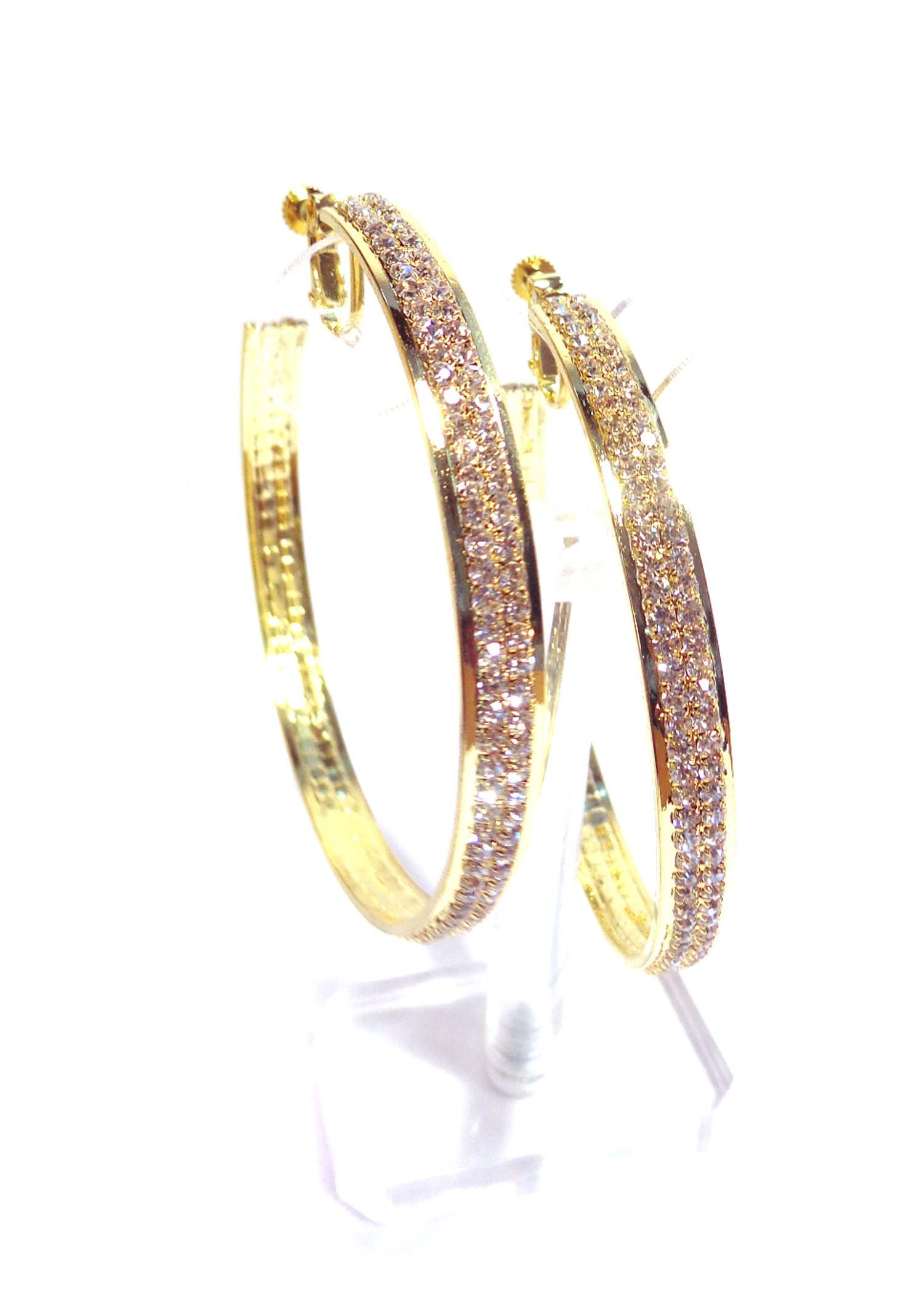 Clip-on Earrings Gold Tone Double Crystal Hoop Earrings 3 Inch Clip Hoop Earrings for Non Pierced Ears
