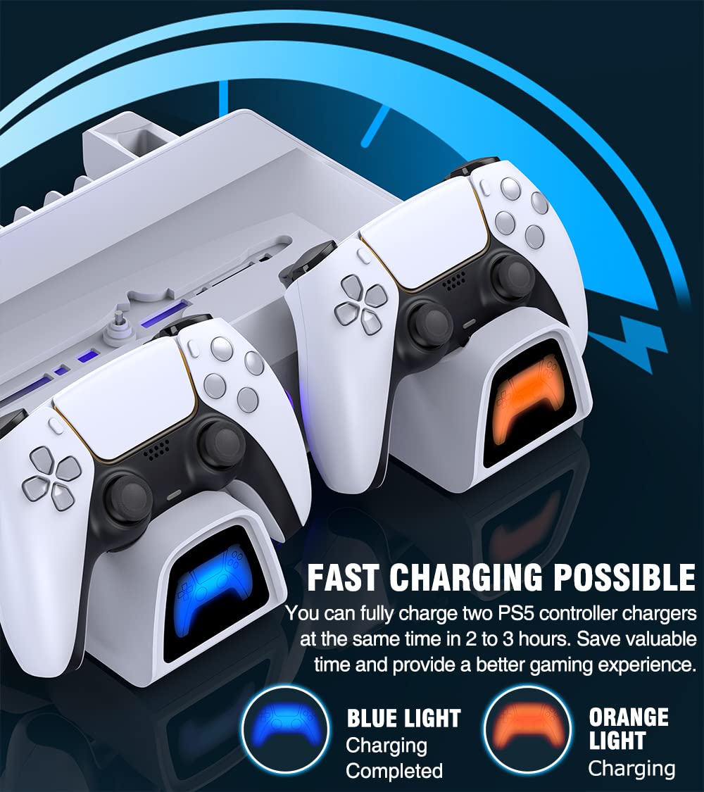 Cooling Stand with Controller Charging Station and Cooling Fan for PS5, Multi-functional Accessories Compatible with PS5 Digital/Disc Edition, Dual Controller Charger with 5V/3A Adapter, 11Game Holder