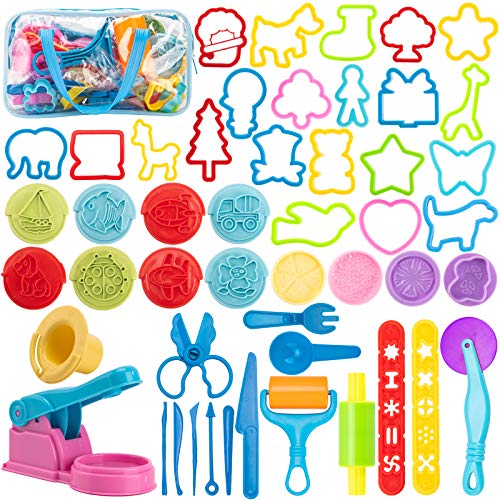 Maykid Dough Tools for Kids, 50Pcs Include Assorted Colors Dough Accessory Molds Rollers Cutters Scissors and Storage Bag