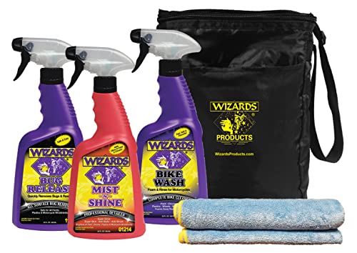 Wizards Motorcycle Cleaning Kit - Cleaner, Quick Detailer, and Bug Remover with Fiber Cloth and Detailing Bag - Stain Remover for Motorcycles - Portable Motorcycle Accessories and Cleaning Kits