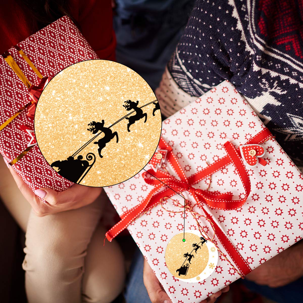 Christmas Stickers for Envelopes Holiday Labels 500PCS Black & Gold Seals Faux Glitter for Holiday Christmas Party Decoration