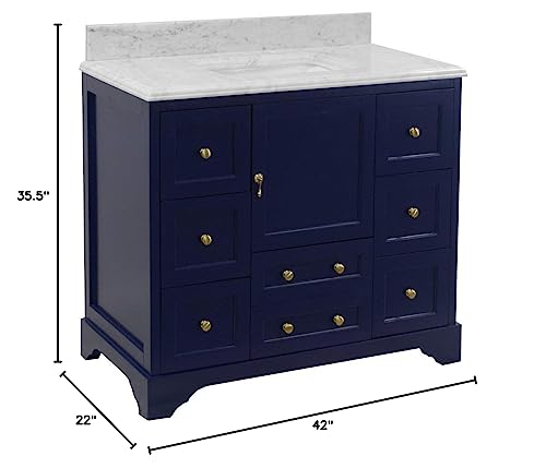 Madison 42-inch Bathroom Vanity (Carrara/Royal Blue): Includes Royal Blue Cabinet with Authentic Italian Carrara Marble Countertop and White Ceramic Sink