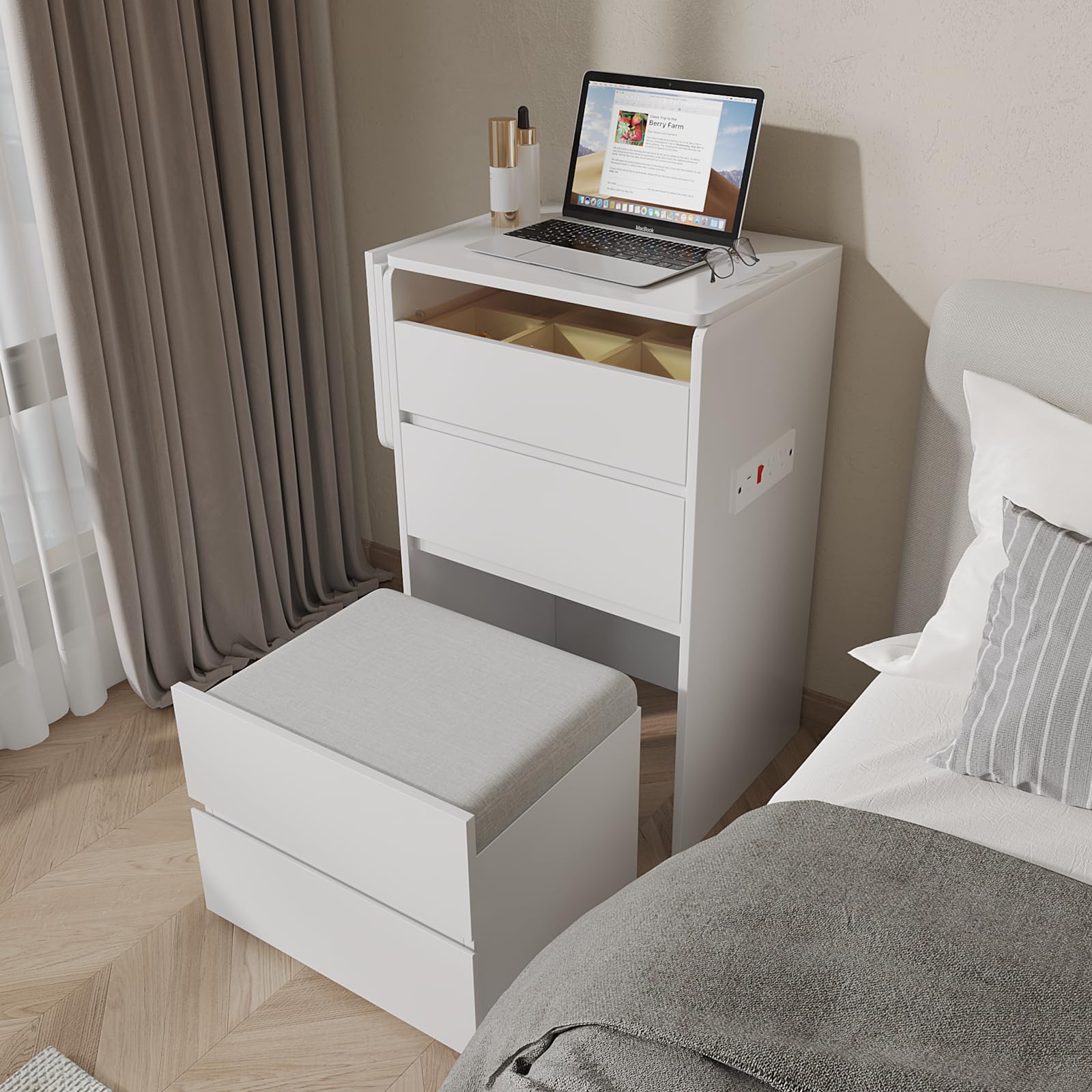 HIMAmonkey Small Makeup Vanity with Mirror and Lights, 3-in-1 Vanity Desk with 3 Drawers, Corner Vanity Set with Soft Stool, Compact Dressing Table for Living Room/Bedroom-19.7in/White