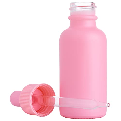 Focus Nutrition 24 Pink Coated 1 oz Glass Boston Round Dropper Bottles For Essential Oils, Aromatherapy and Skin Care