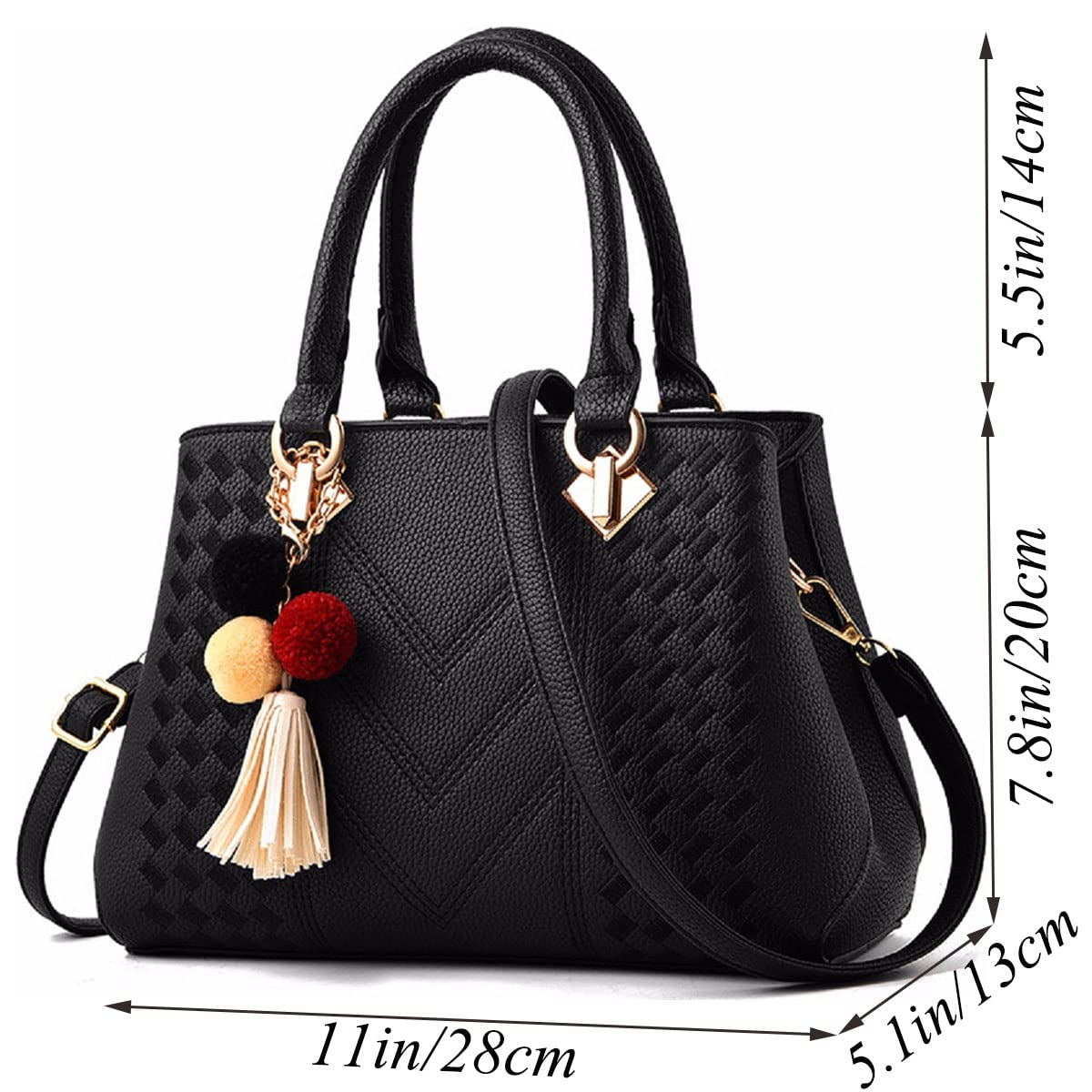YOUNXSL Womens Leather Handbags Purses Top-handle Totes Satchel Shoulder Bag for Ladies with Pompon and Tassel Khaki