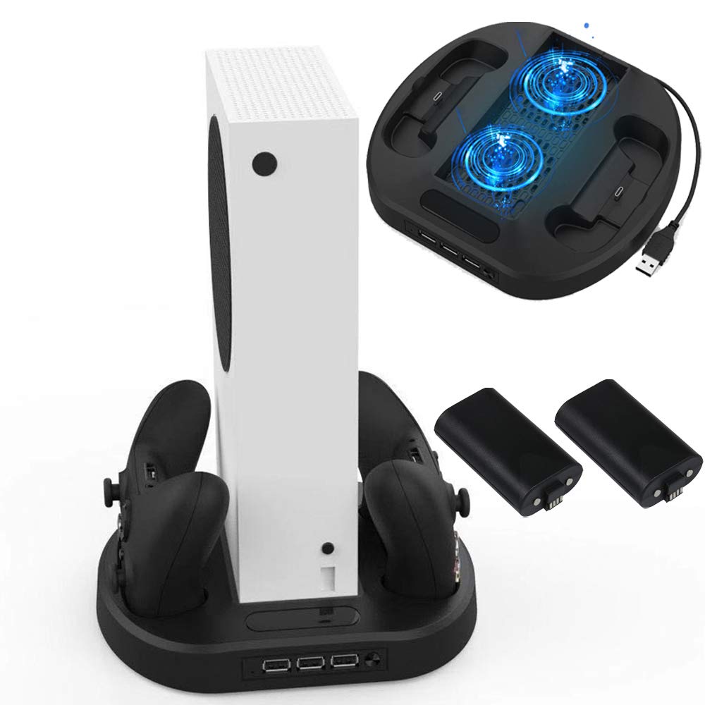 Cooling Vertical Stand for Xbox Series S Console with 2 Fans, 2 Charging Station with 3 USB Ports, 2 Pack Rechargeable Batteries for Microsoft Xbox Series S and Controller (Black Black)