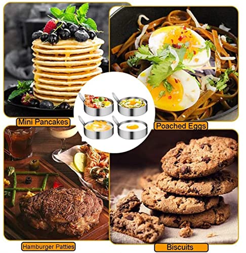 Egg Ring Upgraded Set of 4 with Oil Brush,Foldable silicone handle.Stainless Steel Egg Ring,Non Stick Round Omelette Model for Fried Egg McMuffin Sandwiches.(4 different shapes)