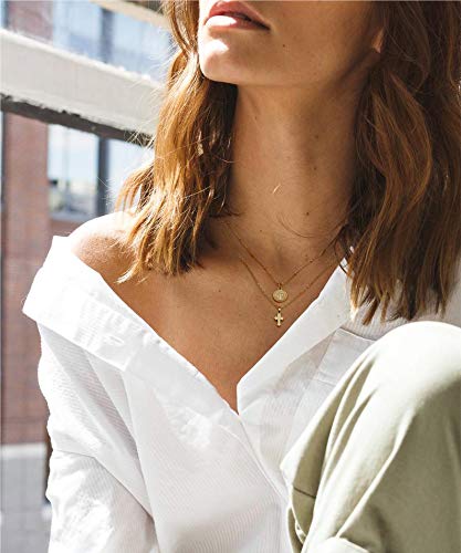 Dainty Tiny 18K Gold St Benedict Medals Layered Cross Necklace for Women Delicate Simple Cute Coin Pendant Statement Double Layering Chain Necklaces Evil Protection Religious Jewelry Catholic Gifts