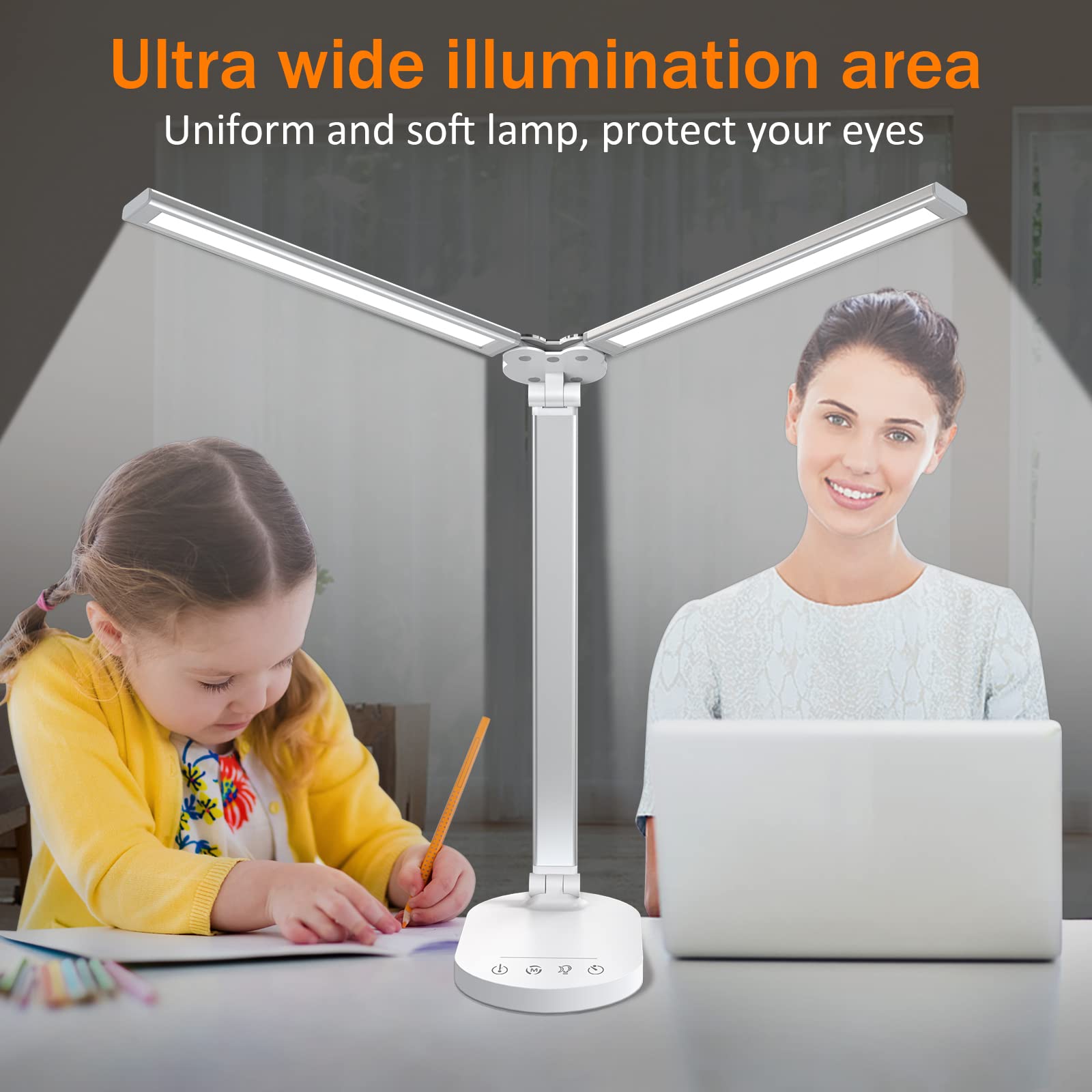 Doeklpo Desk Lamp, LED Desk Lamps for Home Office, Eye-Caring Double Head Desk Light with USB Charging Port, Night Light, 5 Light Mode 5 Brightness Levels, Desk Lamps for Office Study Reading