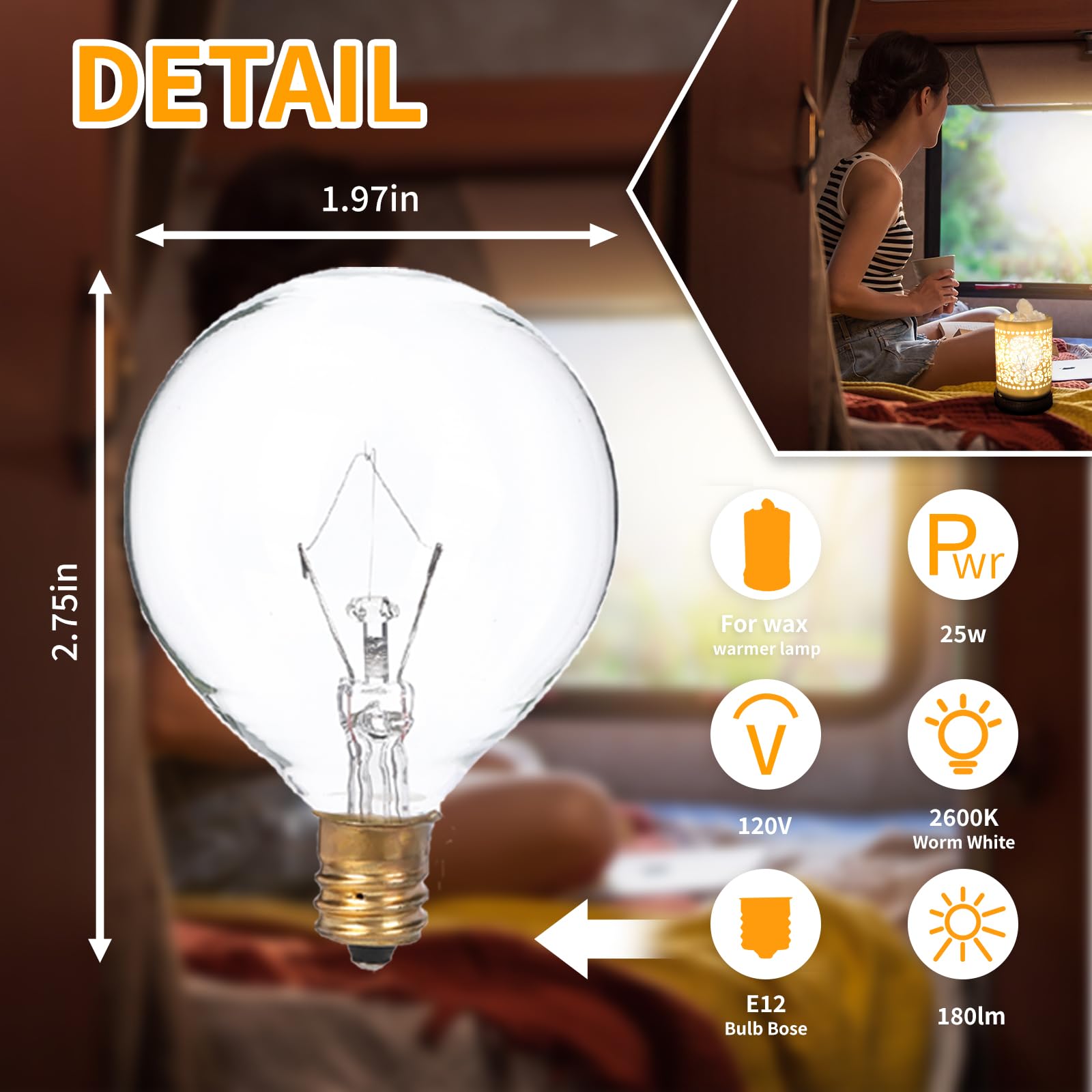 HINUAXBULB 8 Pack 40 Watt Wax Warmer Bulb Replacement Light Bulb for Full Size Scentsy Warmer 120V G50 E12 Incandescent Standard Base for Indoor Outdoor Patio String Lights