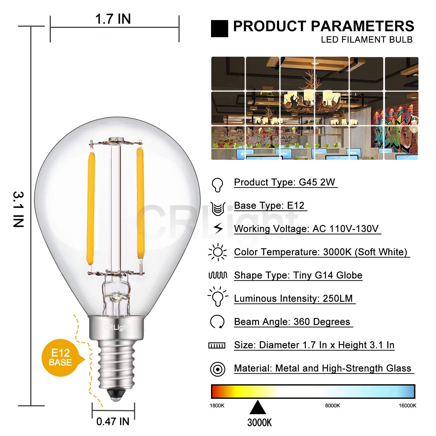 CRLight LED Candelabra Bulb 25W Equivalent 250 LM, 3000K Soft White 2W Filament LED Light Bulbs, E12 Vintage Edison Tiny G14(G45) Clear Glass Globe Bulbs, Non-dimmable, Pack of 12