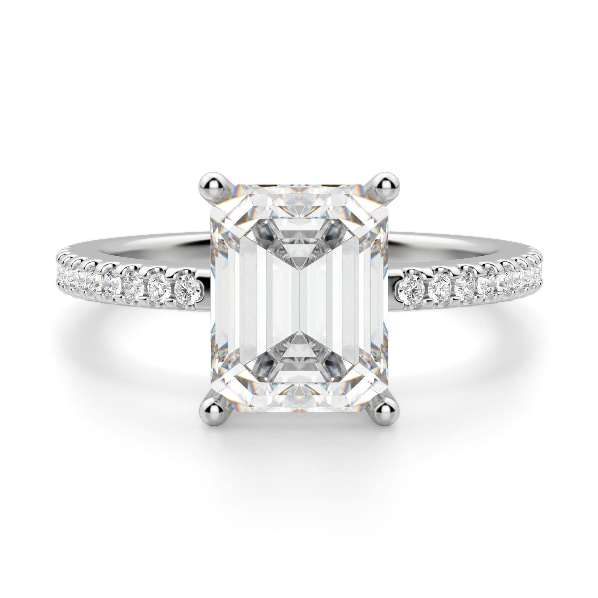 Diamond Nexus Moissanite Basket Set Accented Emerald cut Engagement Ring 1 Ct. DEW Center Emerald Cut Wedding Jewelry, F-G Color, VVS 1 Clarity, Solid 14K White Gold, Ring Size 4