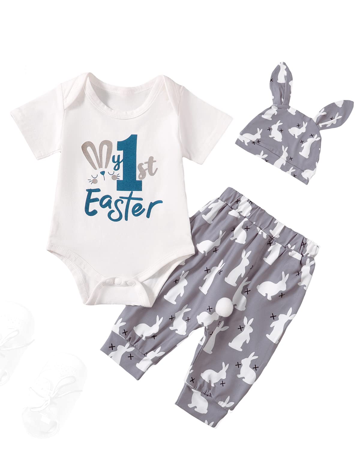 FUNNYBSG Baby Boy Easter Outfit Infant Boy My 1st Easter Bunny Clothes Sets(Grey, 3-6 Months)
