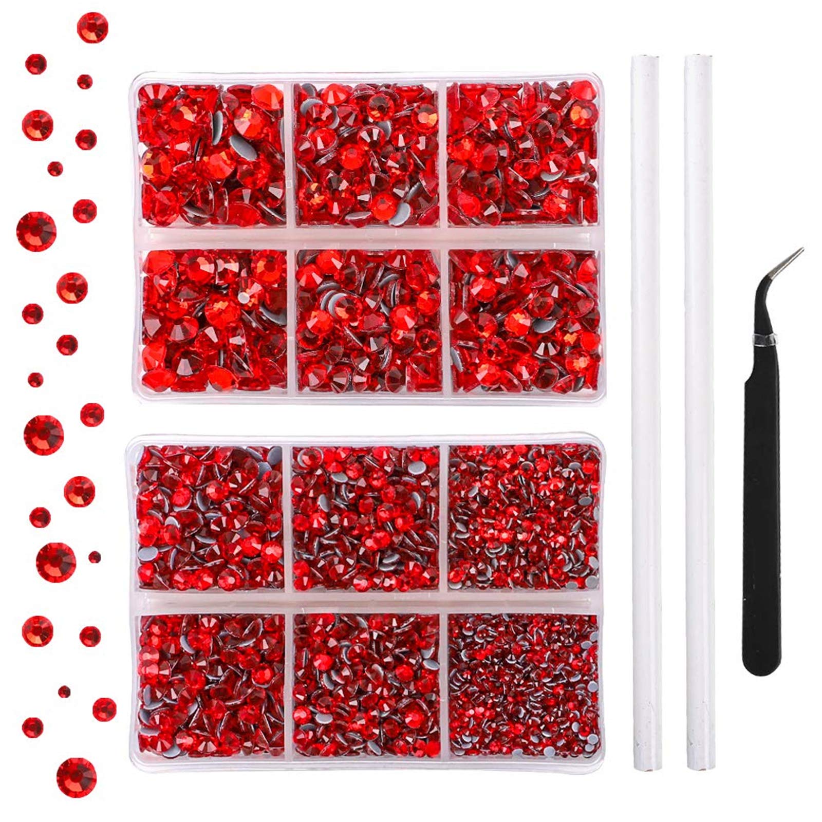 OUTUXED 5040pcs Red Flatback Rhinestones for Crafting, Crystal Round Gems for Nail Art DIY Crafts Halloween Clothes Bags, 6 Mixed Size Hotfix Rhinestones with Tweezers and Picking Rhinestones Pen