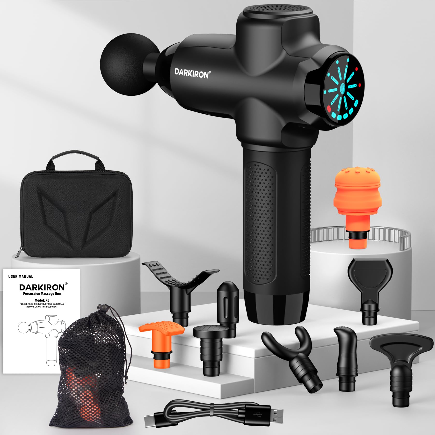 DARKIRON Massage Gun Deep Tissue, Percussion Muscle Massage Gun for Athletes - with 15 Massage Heads, Dark Black
