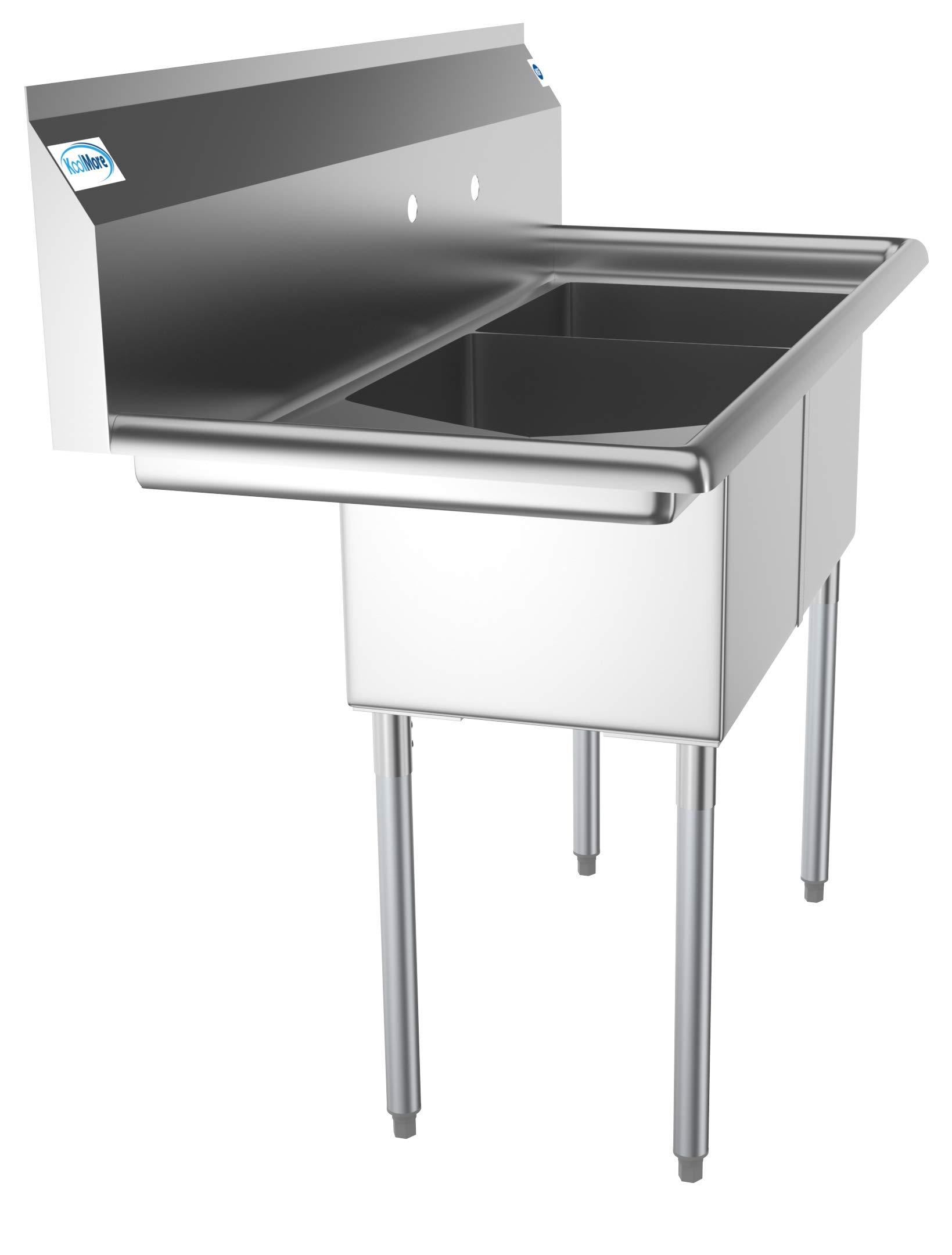 KoolMore 2 Compartment Stainless Steel NSF Commercial Kitchen Prep & Utility Sink with 2 Drainboards - Bowl Size 15" x 15" x 12", Silver, Left Drainboard