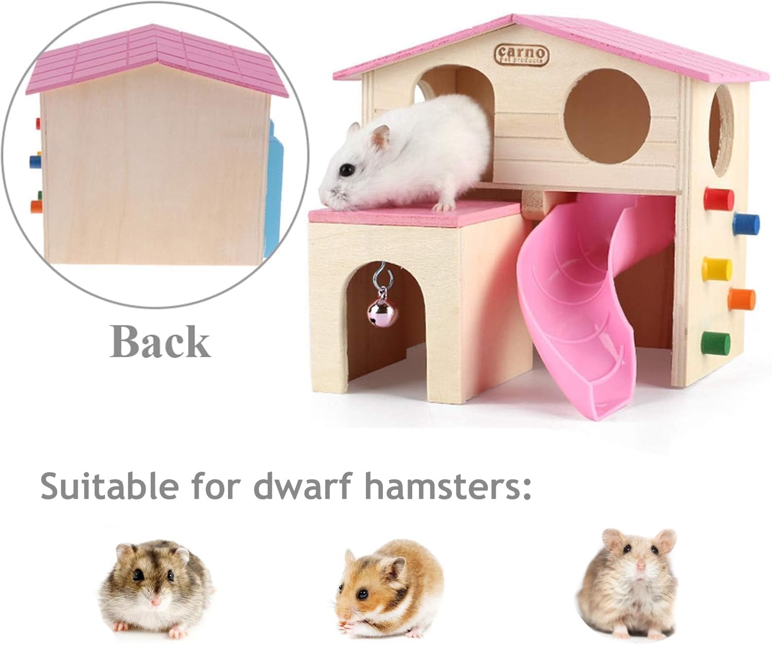 kathson Pet Small Animal Hideout Hamster House with Funny Climbing Ladder Slide Wooden Hut Play Toys Chews for Small Animals Like Dwarf Hamster and Mouse(Pink)