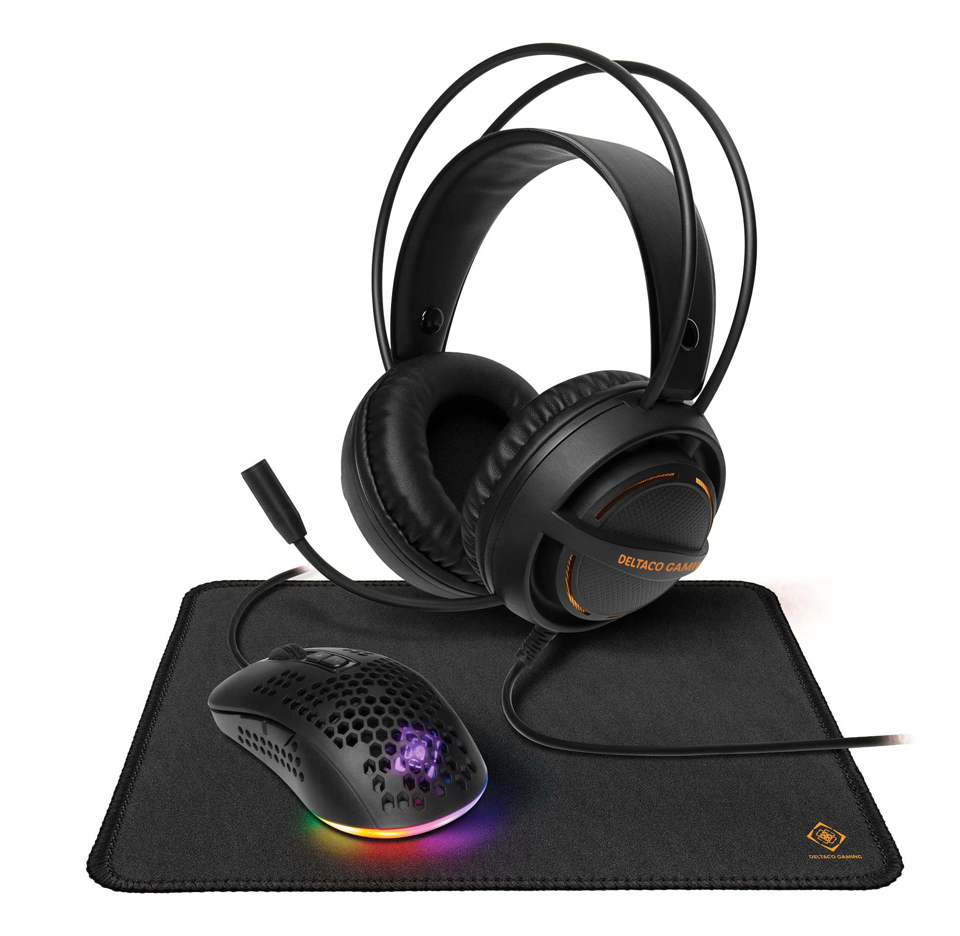 DELTACO Wired Gaming Mouse and Mouse Pad & Headset Combo | 3-in-1 PC Gaming Accessories Bundle | Starter Gaming Set Up Kit for Desktop PC and Laptop | Compatible Accessories for Windows and Mac