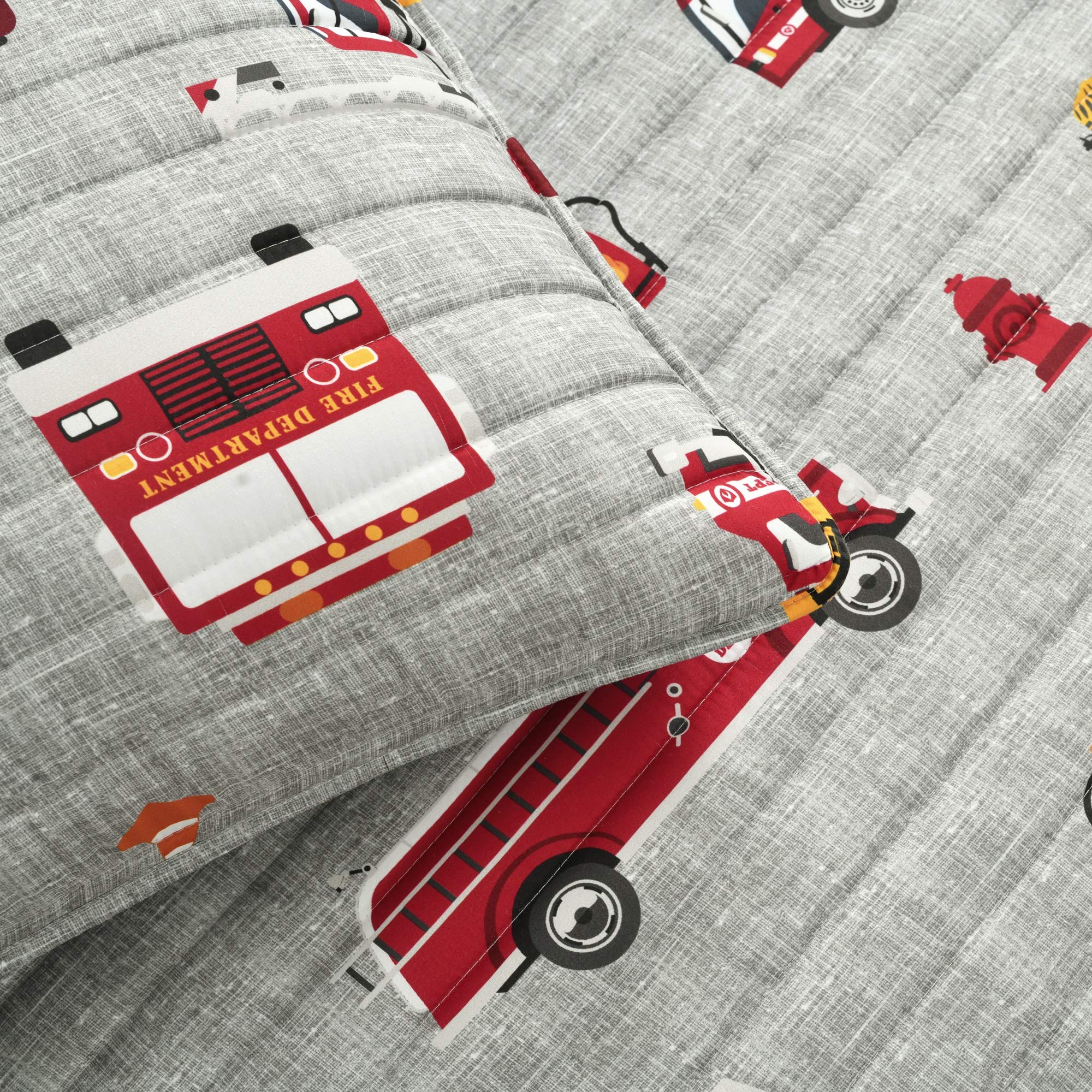 Lush Decor Fire Truck Quilt 4 Piece Set, Full/ Queen, Red & Gray - Reversible Stripe Print Bedding Set for Kids Room