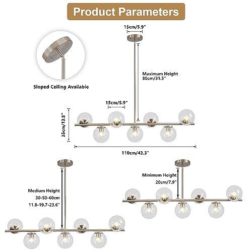 KCO Lighting Modern 7-Light Brushed Nickel Metal Large Chandelier Nordic Clear Glass Globe Farmhouse Pendant Light Silver Minimalist Adjustable Kitchen Island Hanging Ceiling Lights