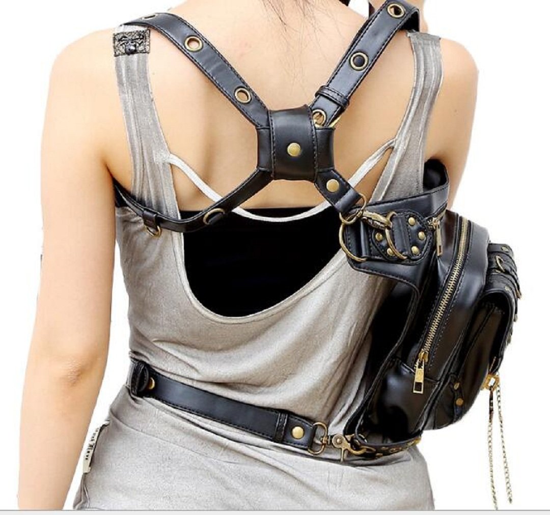 Wendin Rock Leather & Vintage Gothic Retro Steampunk Handbag Victorian Style Shoulder Waist Bag Black