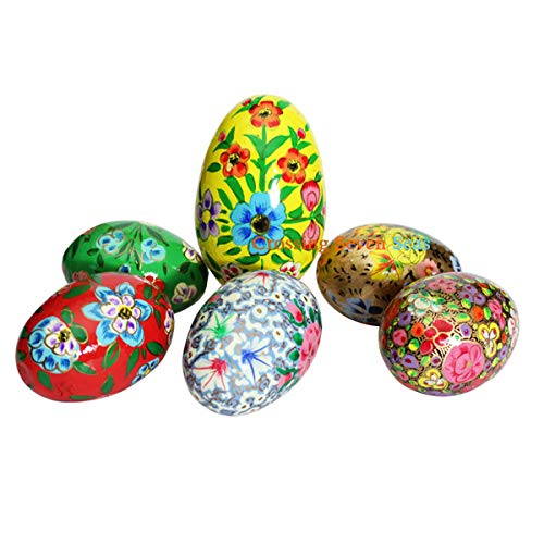 Crossing Seven Seas 3" Set of 5 Hand Painted Easter Eggs & one 4" Paper Mache Ukrainian Garden Flowers Home décor - Total 6 Eggs.