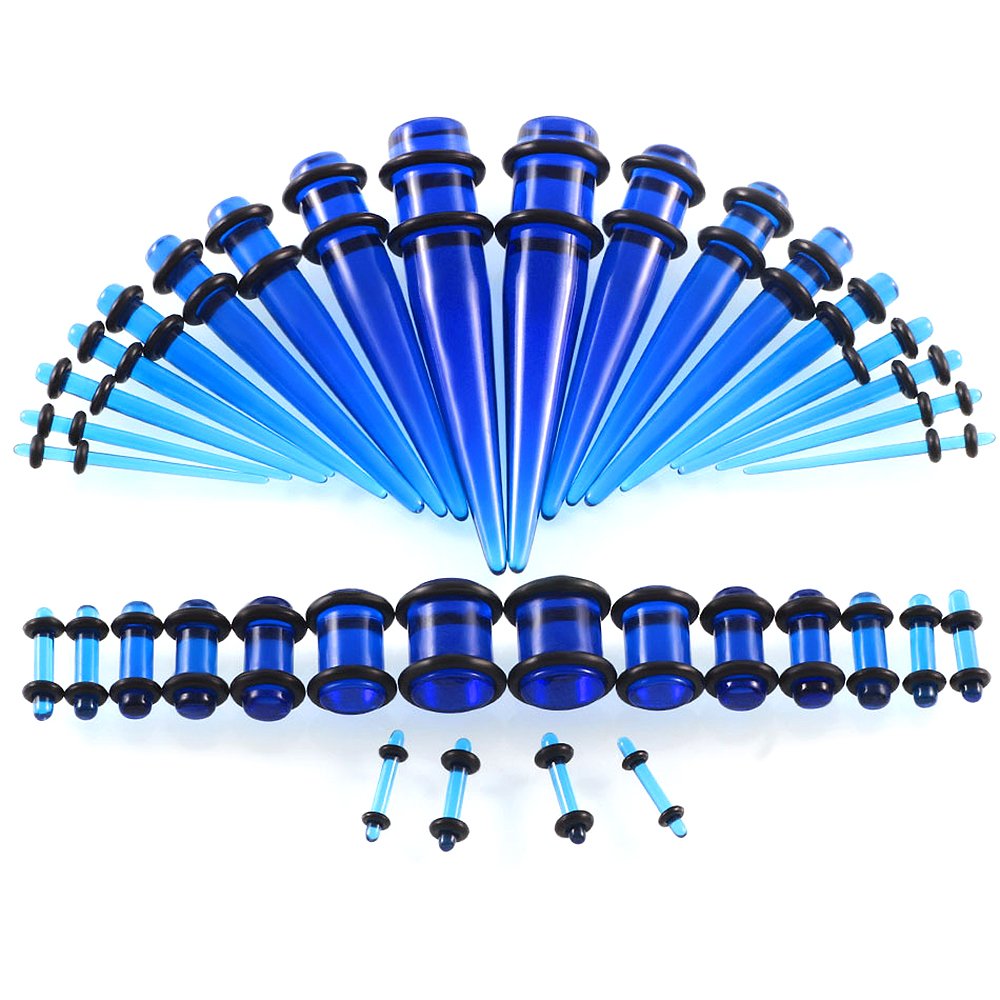 CrazyPiercing 36pcs Ear Gauges Kit Clear Acrylic Tapers and Plugs Double O-rings 14G-00G Stretching Kit (Clear Blue)