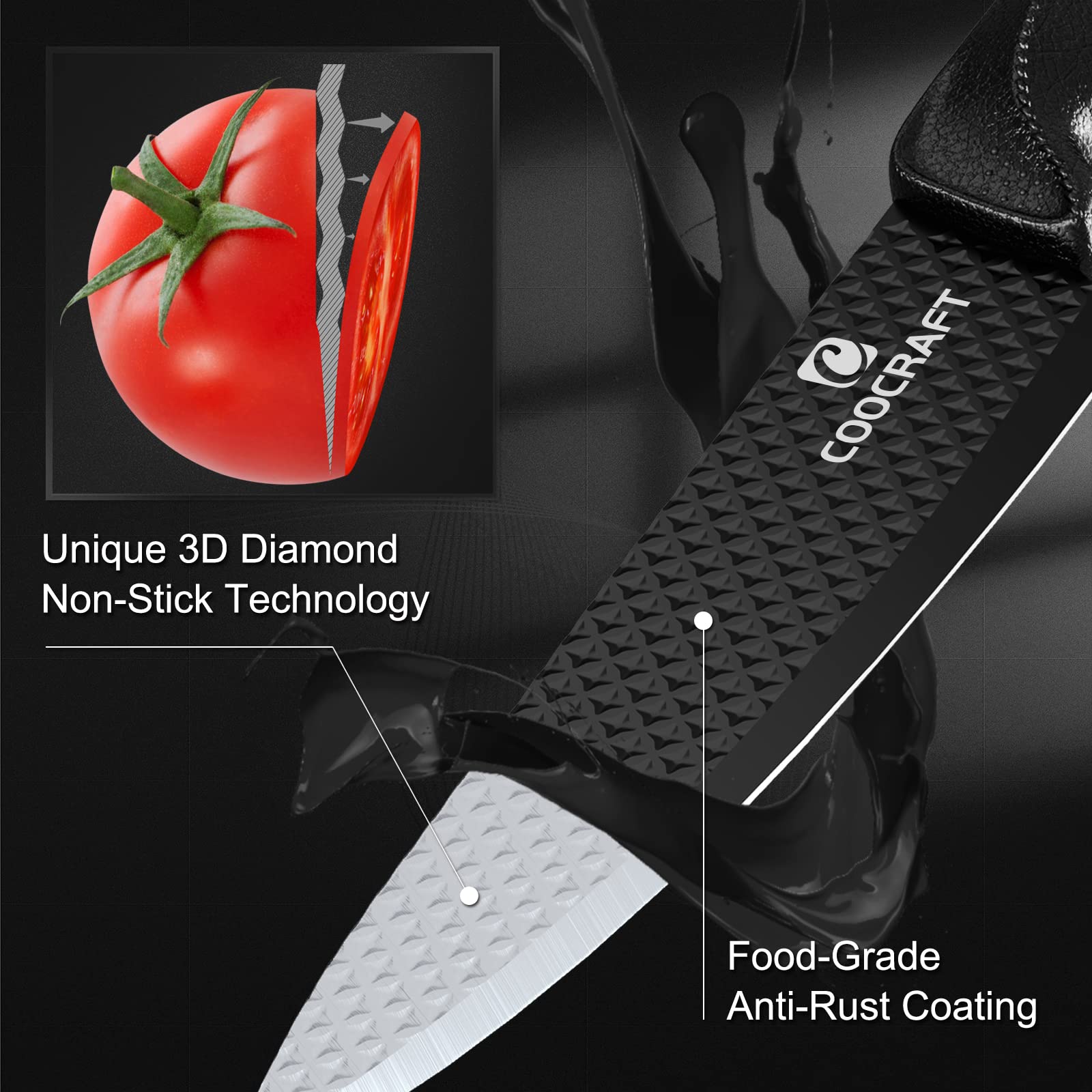 COOCRAFT Knife Set, Kitchen Knife Set Knife Sets for Kitchen with Block and Built-in Sharpener, 24PC Block Knife Set with 6 Steak Knives and 9 Measuring Spoons, Black