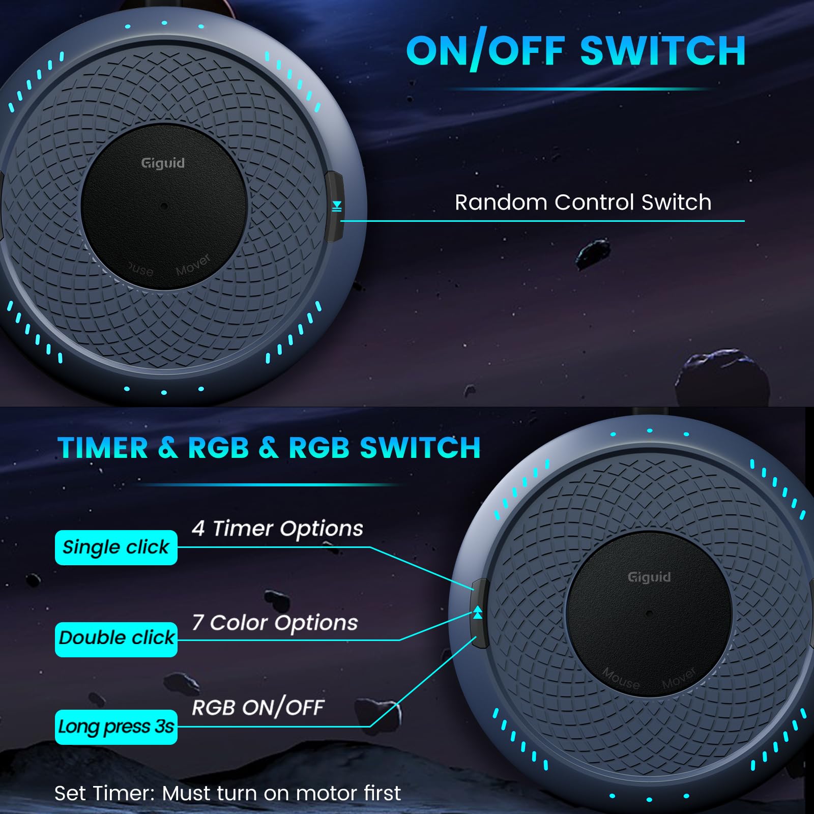 Giguid Mouse Mover Undetectable Mouse Jiggler with Timer, ON/Off Switch, Color Switchable LED Lights, Random Move Mechanical Turntable Pad - FLYMICE Series (Standard, Dark-Blue)