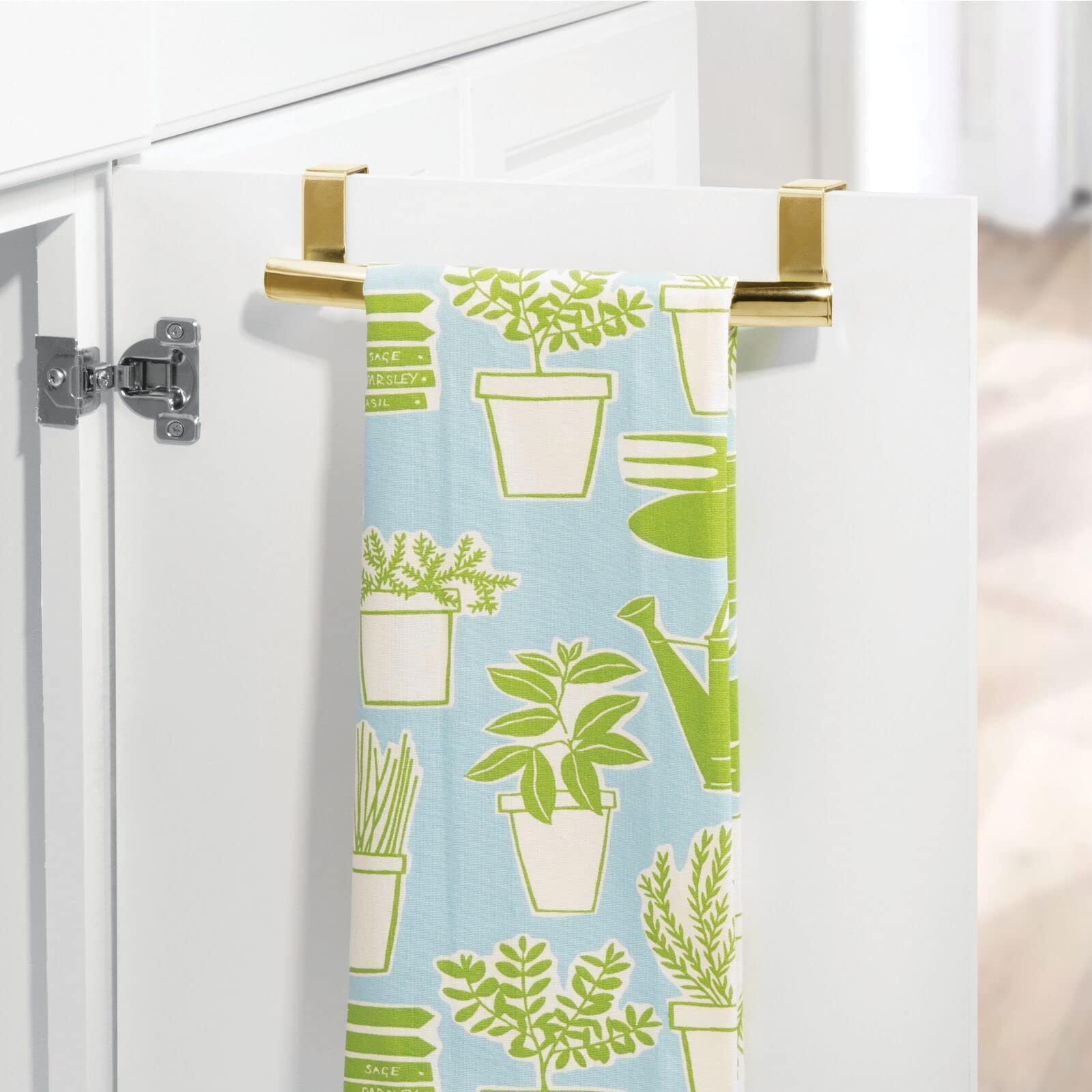 mDesign Steel Over Door Curved Towel Bar Storage, Hanger for Cabinet or Cupboard, Holder Rack for Kitchen, Bathroom - Holds Hand/Dish Towels, Washcloths - Spira Collection - 2 Pack - Soft Brass