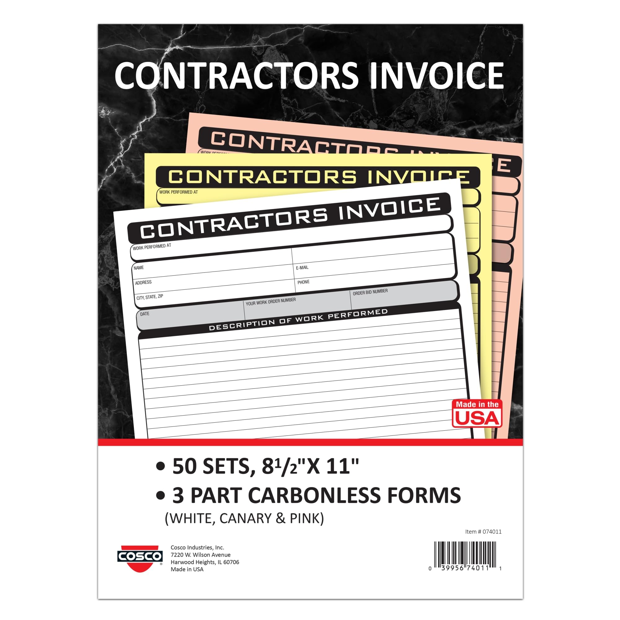 Cosco® Contractor Invoice Business Form Book with Slip, 8 1/2" x 11", 3-Part, 50 Sets (074011)