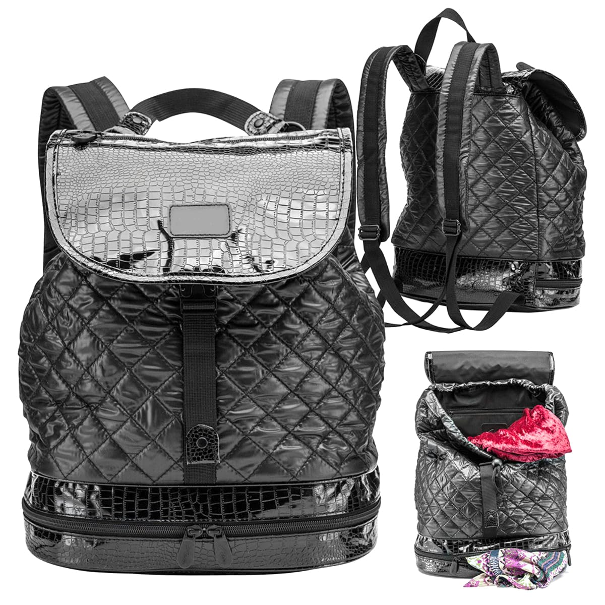 Closeout Services Corp. Bella Mia Uptown Day Pack - Stylish Black Quilted Body with Comfortable Backpack Straps, Perfect for Everyday Adventures and Chic Urban Exploration
